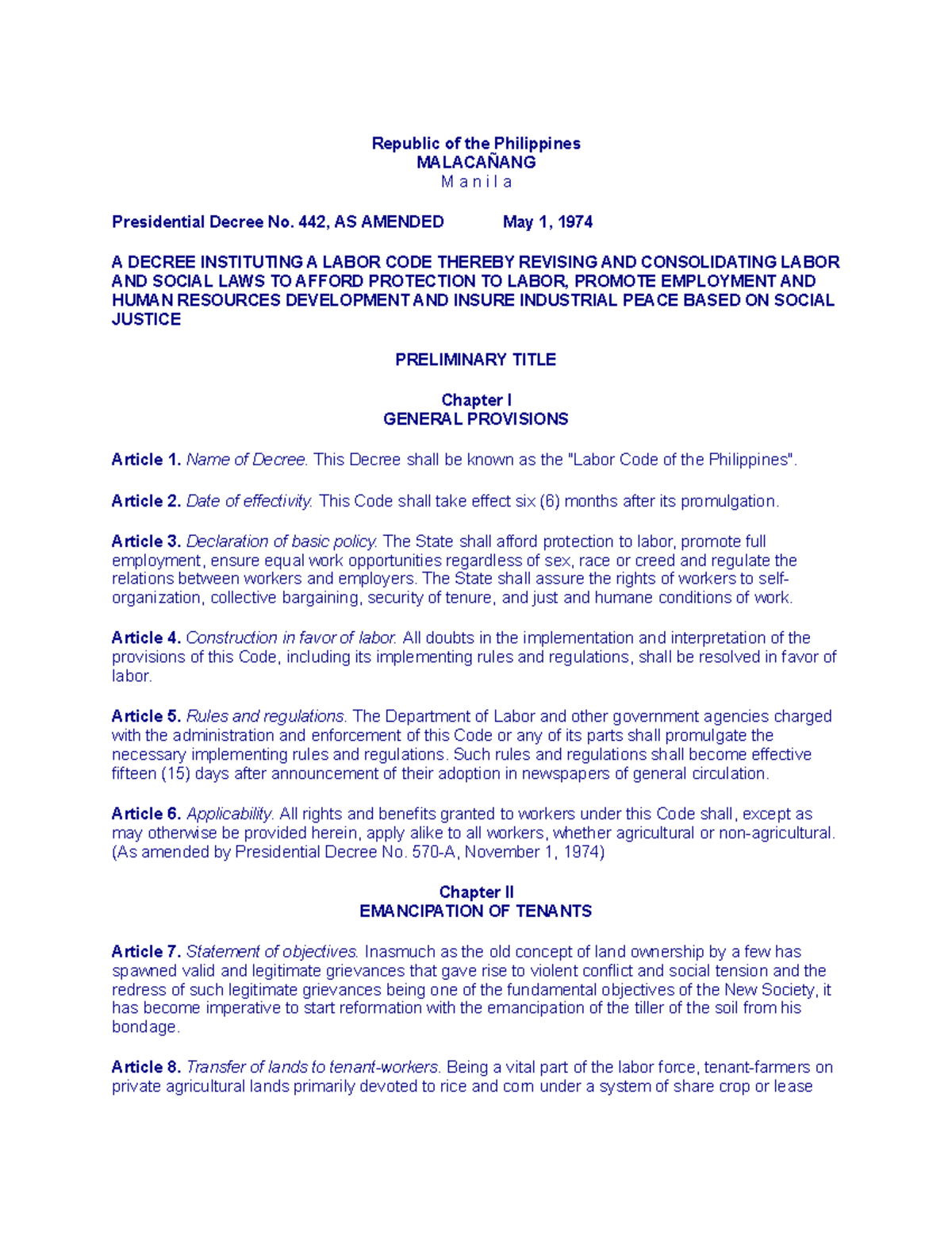 Labor CODE OF THE Philippine PD 442 Republic Of The Philippines