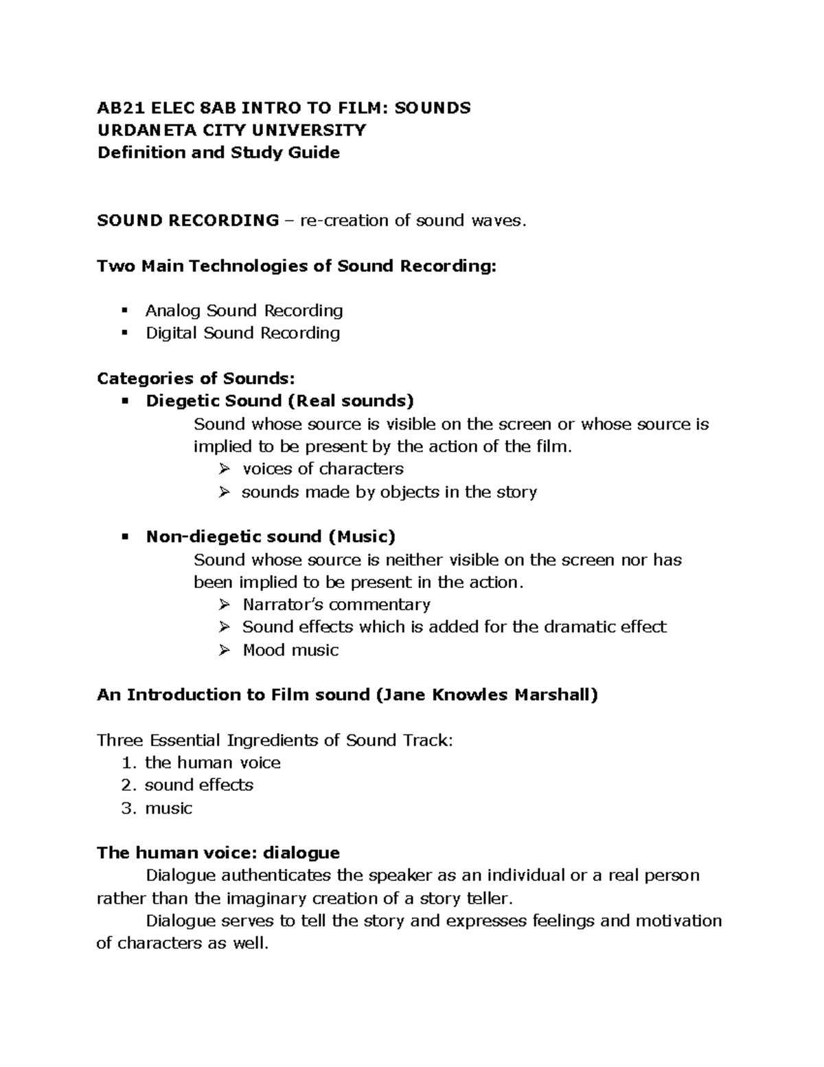 Intro TO FILM ( Sound) - AB21 ELEC 8AB INTRO TO FILM: SOUNDS URDANETA ...