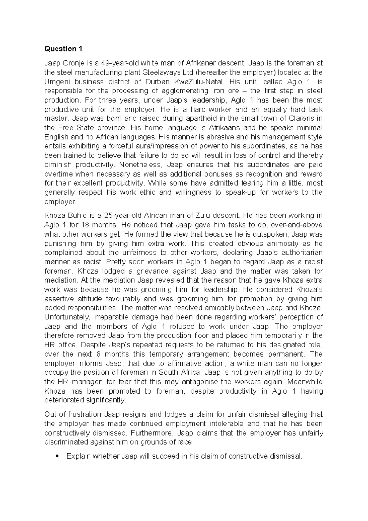 Labour Law Unfair Discrimination Test Questions 2024 Question 1 Jaap