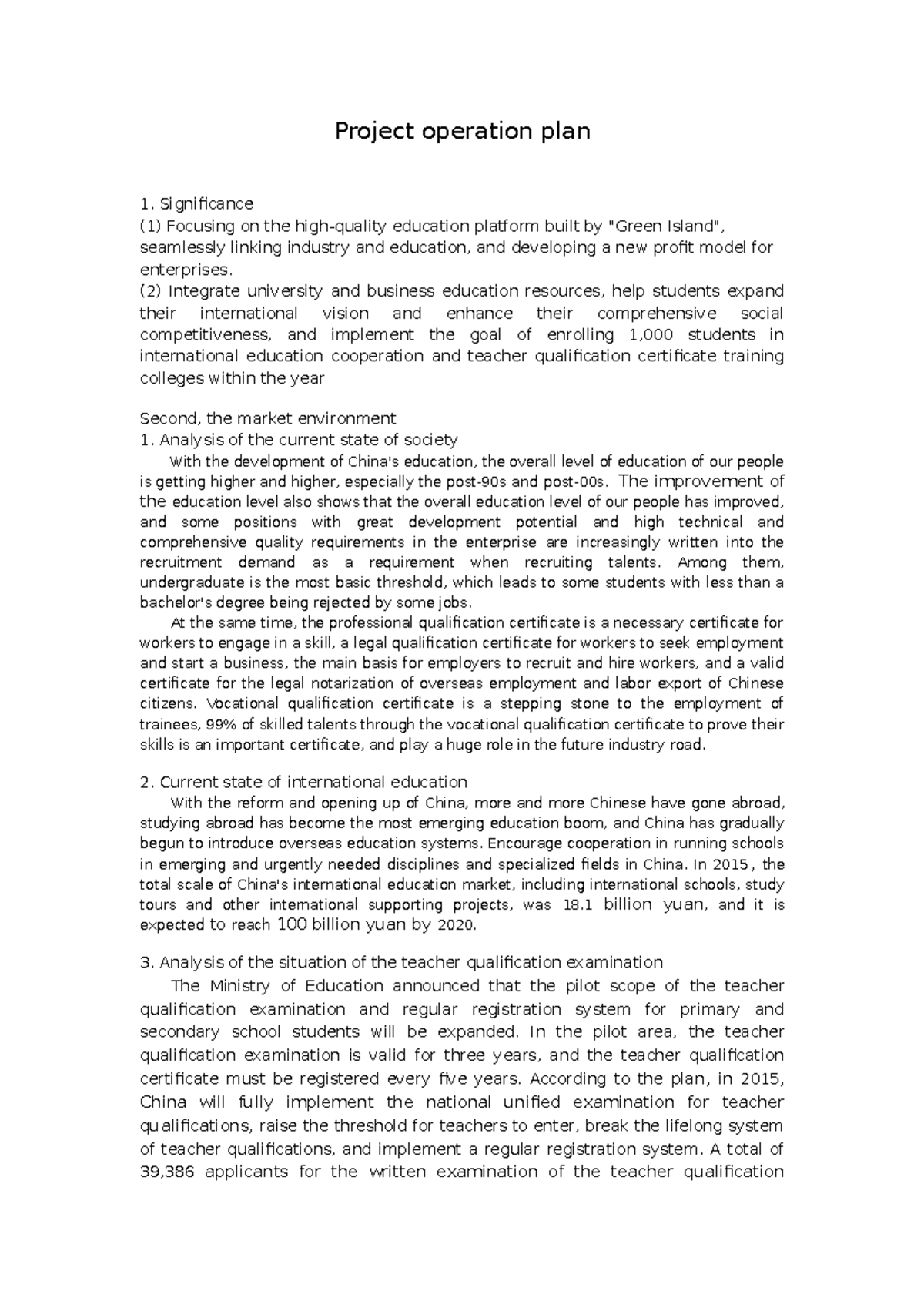 Project operation plan - Project operation plan Significance (1 ...