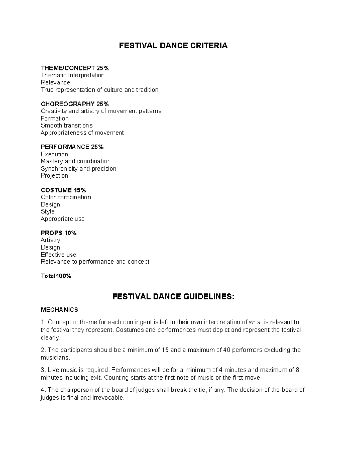 Festival Dance Criteria - FESTIVAL DANCE CRITERIA THEME/CONCEPT 25% ...