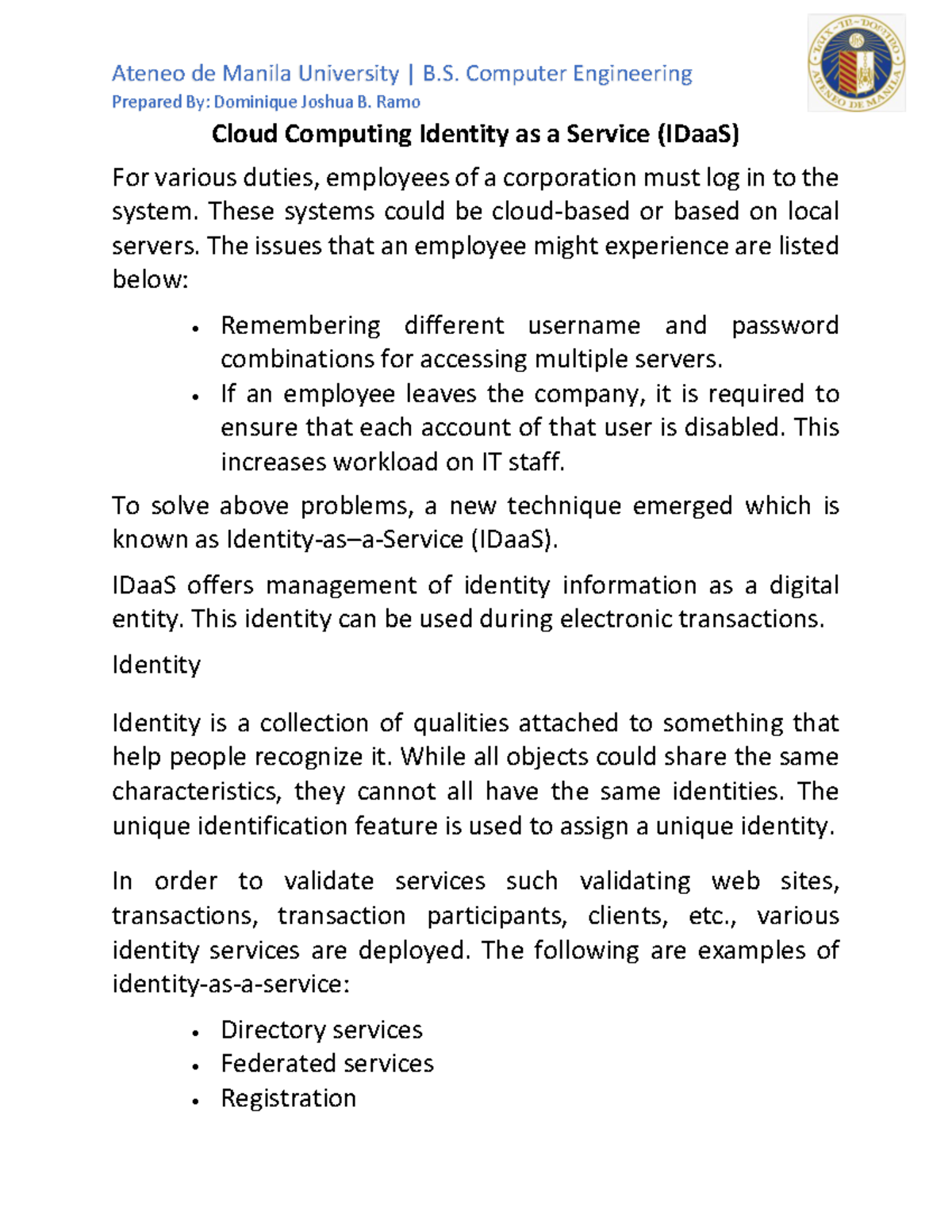 Study Guide - Cloud Computing Identity as a Service (IDaa S) - Prepared By: Dominique Joshua B ...