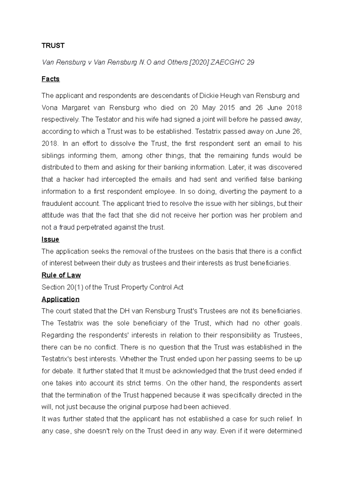Trust - Case summary - TRUST Van Rensburg v Van Rensburg N and Others ...