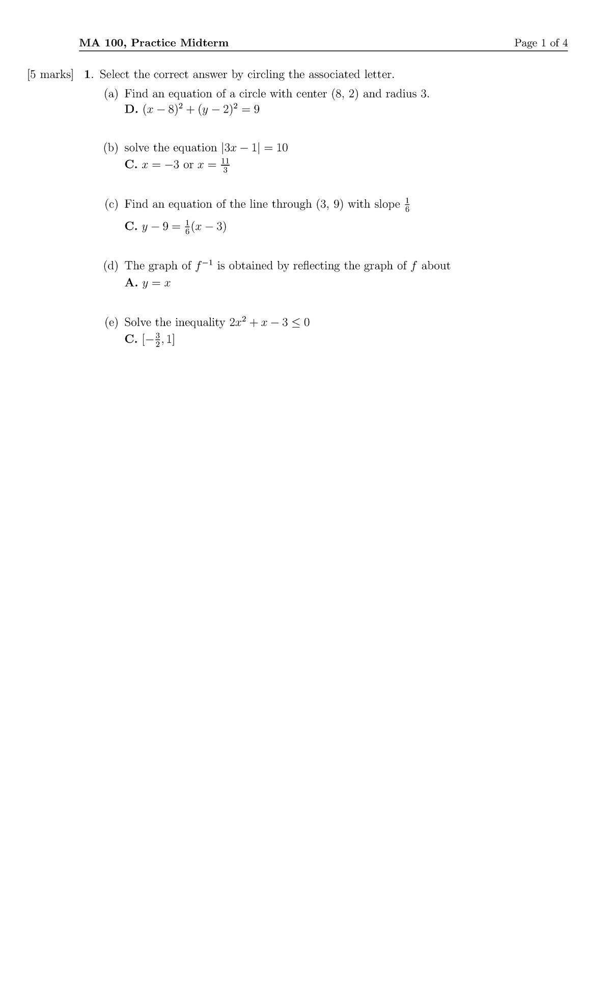 MA100 Practice Midterm Solutions - [5 marks] 1. Select the correct ...