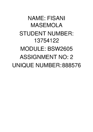 BSW2602 Assignment 02 - FOCUS AREAS AND FIELDS OF SOCIAL WORK PRACTICE ASSIGNMENT 02 STUDENT NO ...