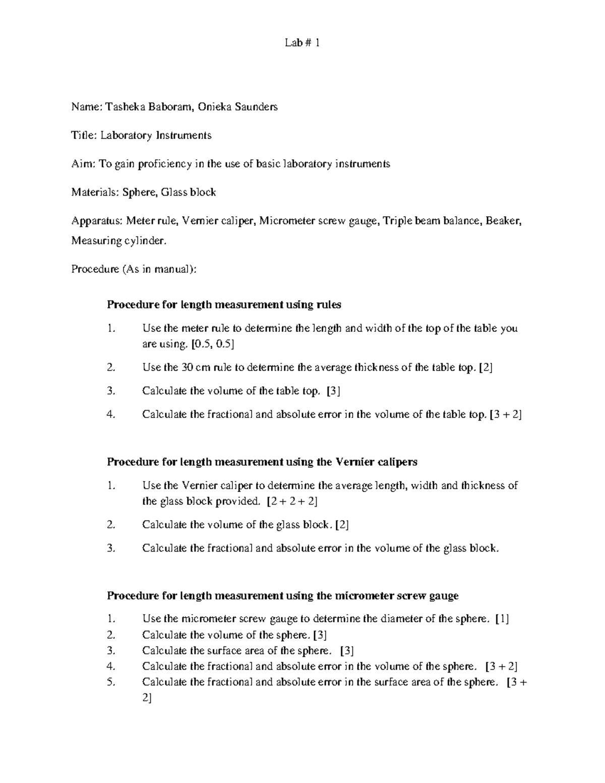 Lab 1 measurements - Name: Tasheka Baboram, Onieka Saunders Title ...