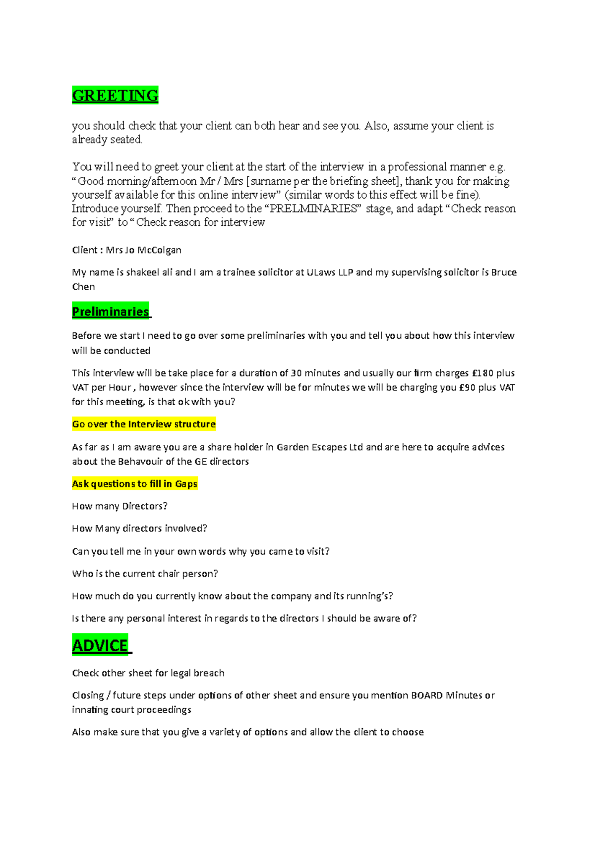 Interview Main SHeet - GREETING you should check that your client can ...