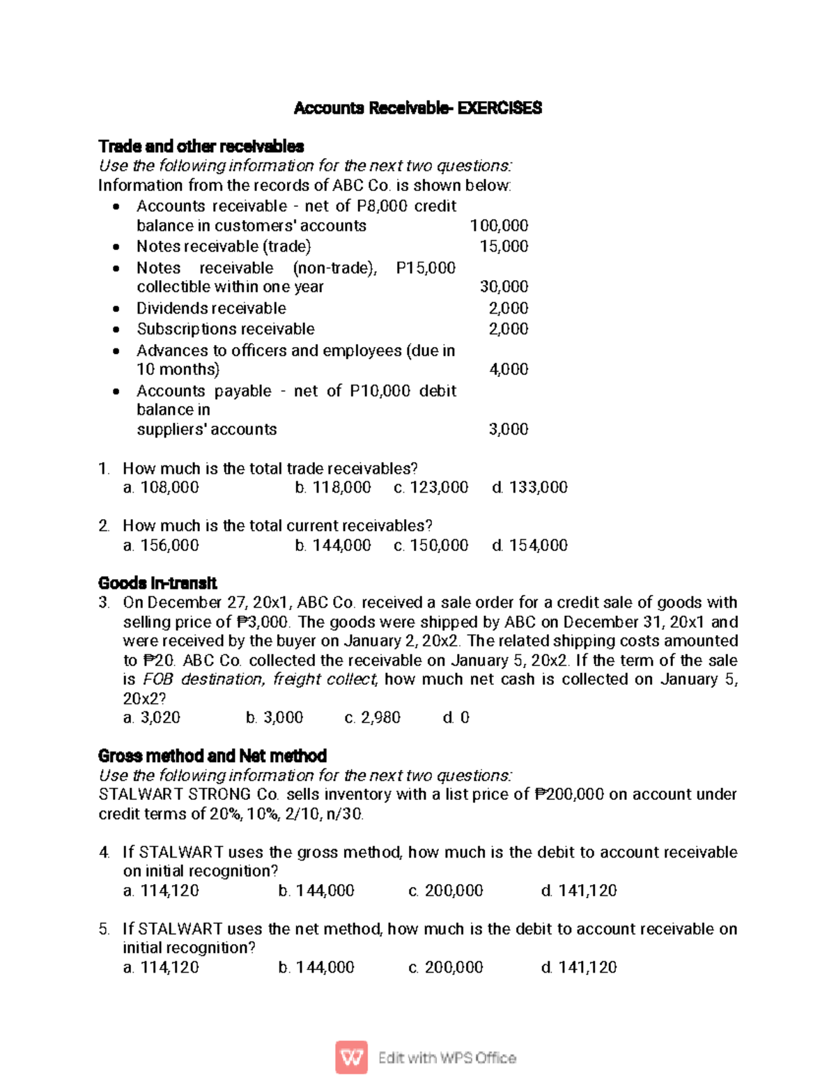AR sample prob - Practice materials - Accounts Receivable- EXERCISES ...