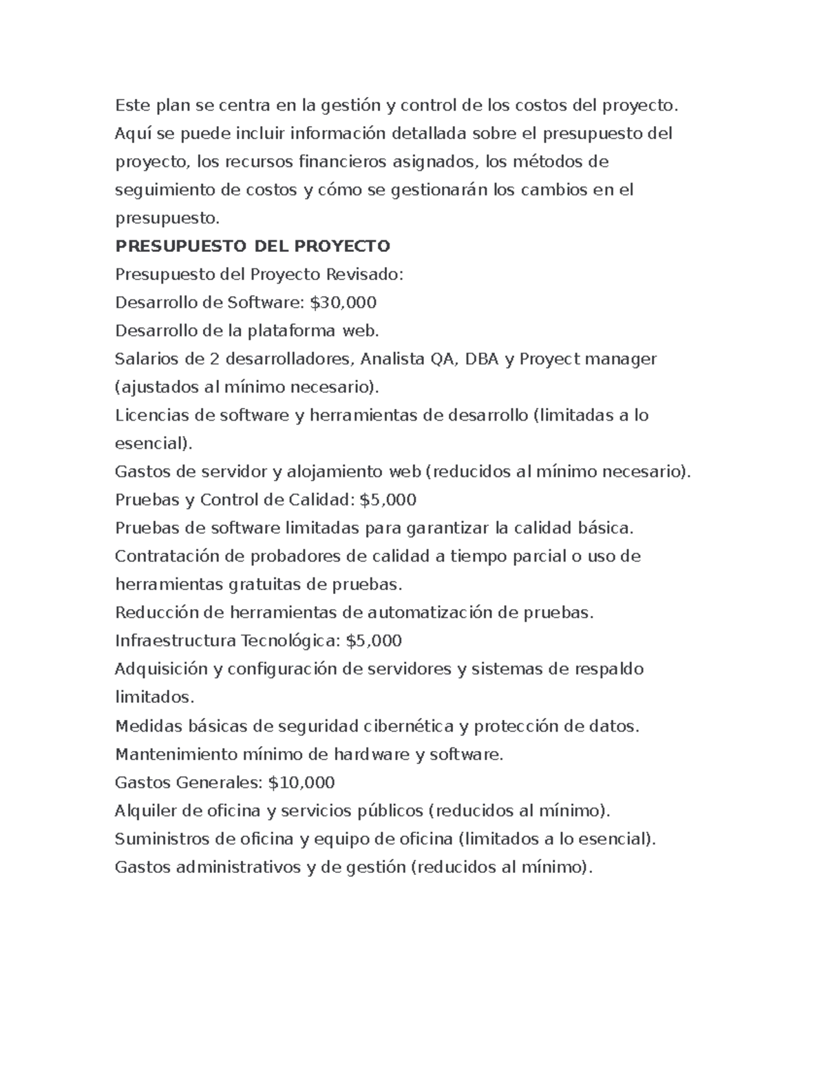 Plan de costos - Este plan se centra en la gestión y control de los ...