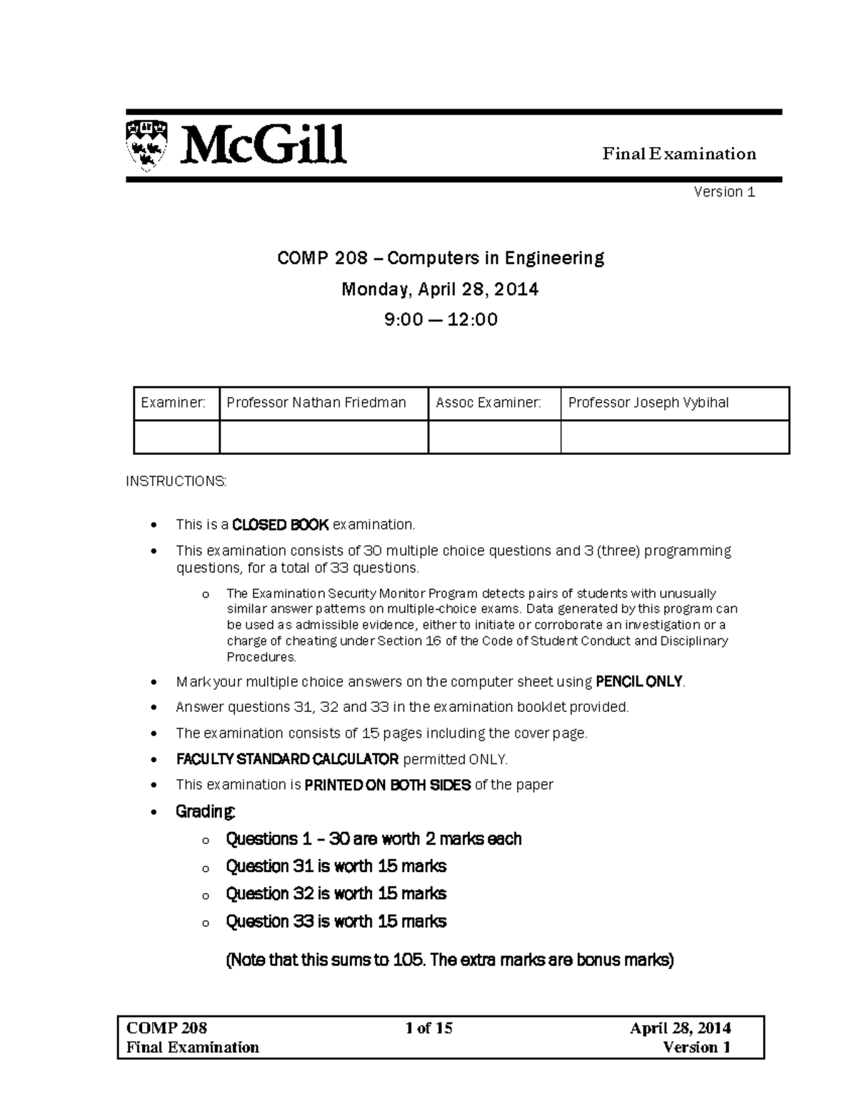 Final Winter 2014 - Practice/Exam - COMP 208 1 of 15 April 28, 2014 ...