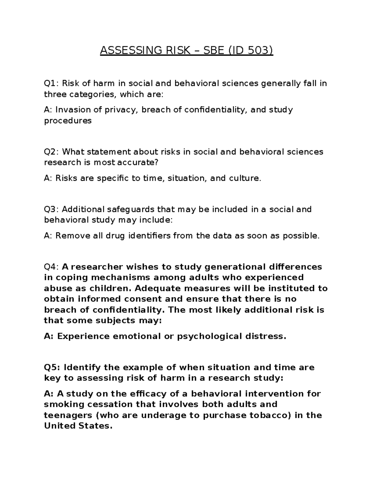 Citi Program: Assessing Risk Module - ASSESSING RISK – SBE (ID 503) Q1 ...