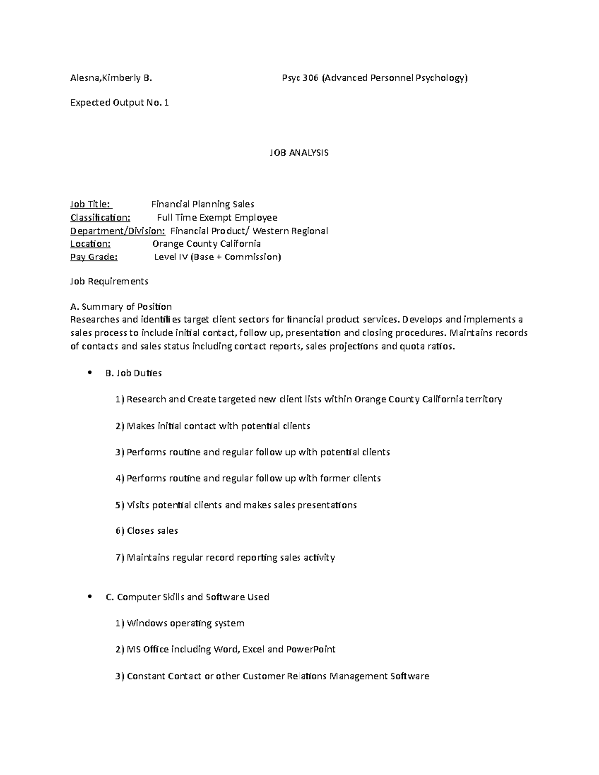 Sample Job Analysis - Alesna,Kimberly B. Psyc 306 (Advanced Personnel ...