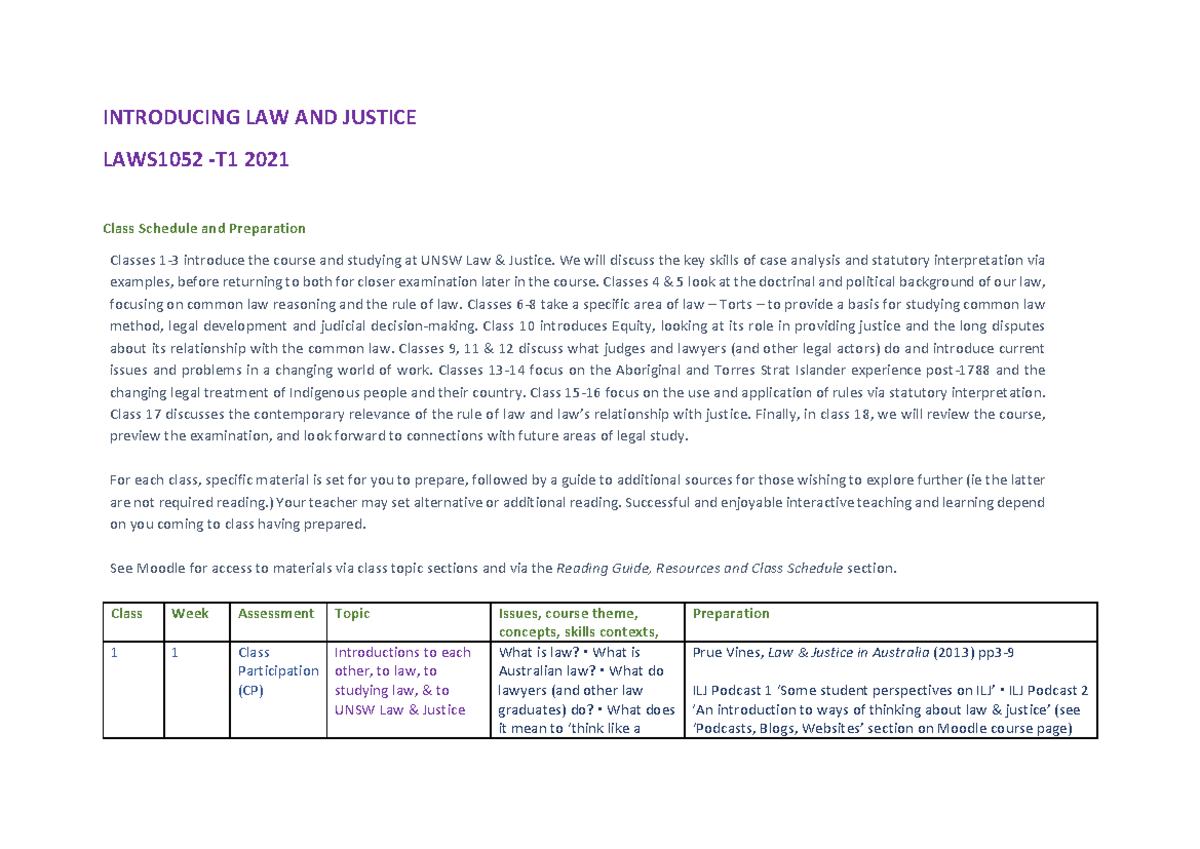 Class Schedule, Preparation Reading - INTRODUCING LAW AND JUSTICE ...