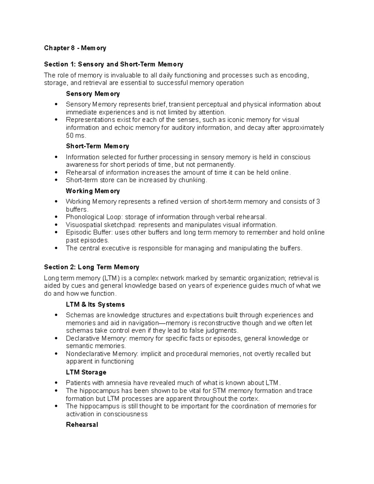 8 - Memory - Chapter summaries plus Practice Quiz Questions - Chapter 8 - Memory Section 1 ...