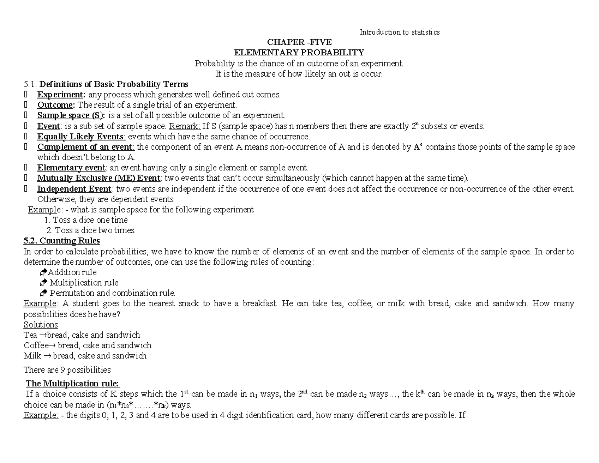 Ch -5 to 9 - CHAPER -FIVE ELEMENTARY PROBABILITY Probability is the chance of an outcome of an ...