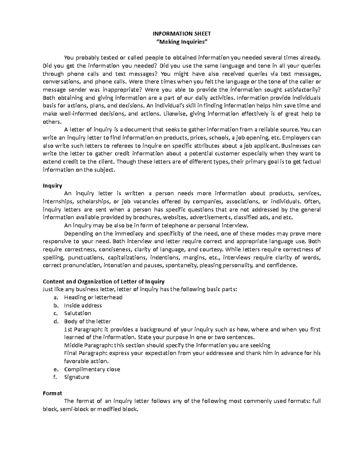 PURPOSIVE COMMUNICATION M9 - INFORMATION SHEET “Making Inquiries” You ...