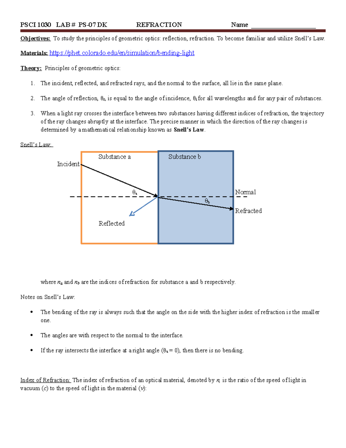 PSci 1030 LAB 7 DK Refraction - PSCI 1030 LAB # PS-07 DK REFRACTION Name ...