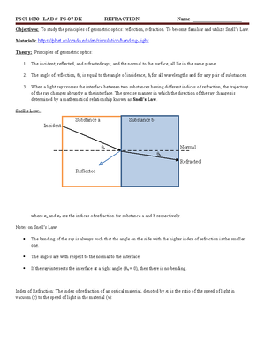 PSci 1030 LAB 7 Light AND Optics - PSci 1030 LAB 7 OPTICS Objectives: To study and understand ...