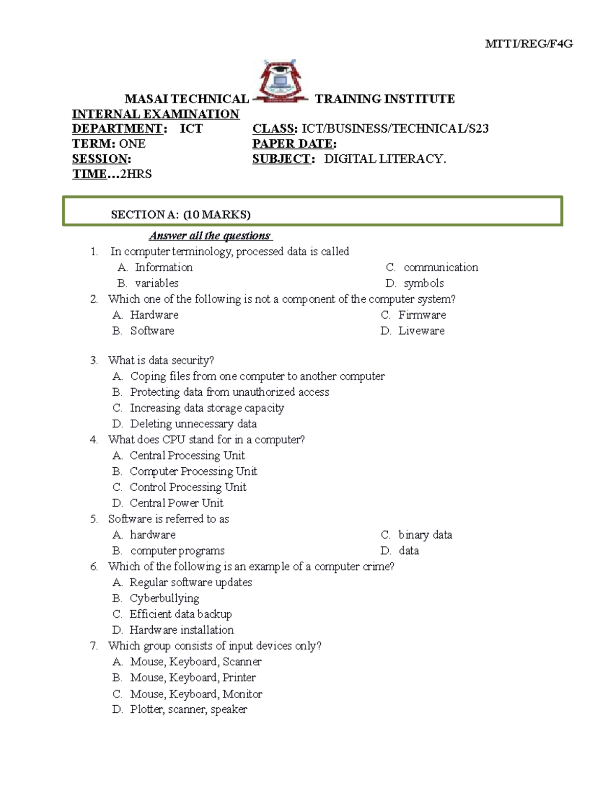Level 4assessment tool - MTTI/REG/F4G MASAI TECHNICAL TRAINING ...