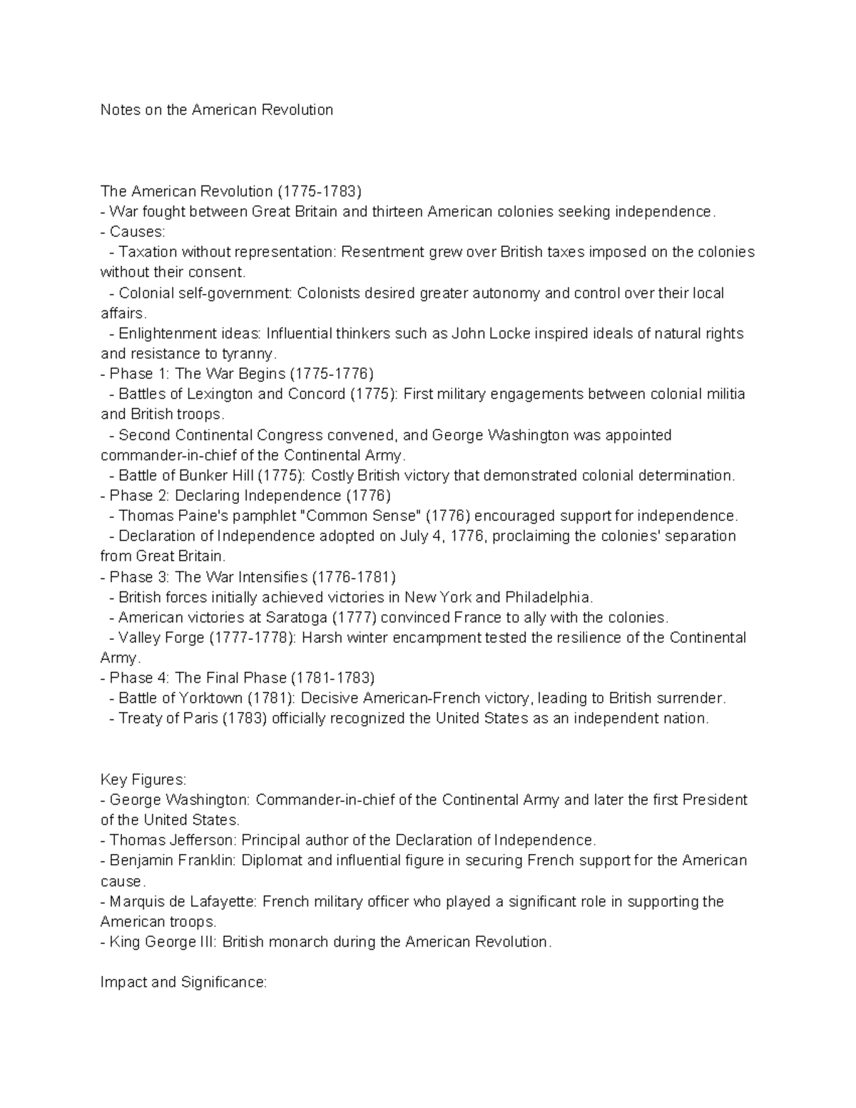 History Notes - Notes on the American Revolution The American ...