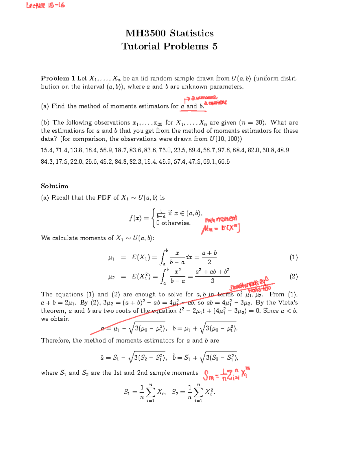 Sol Tutorial 5 - statistic assignment - MH3500 Statistics Tutorial Problems 5 Problem 1 Let X 1 ...