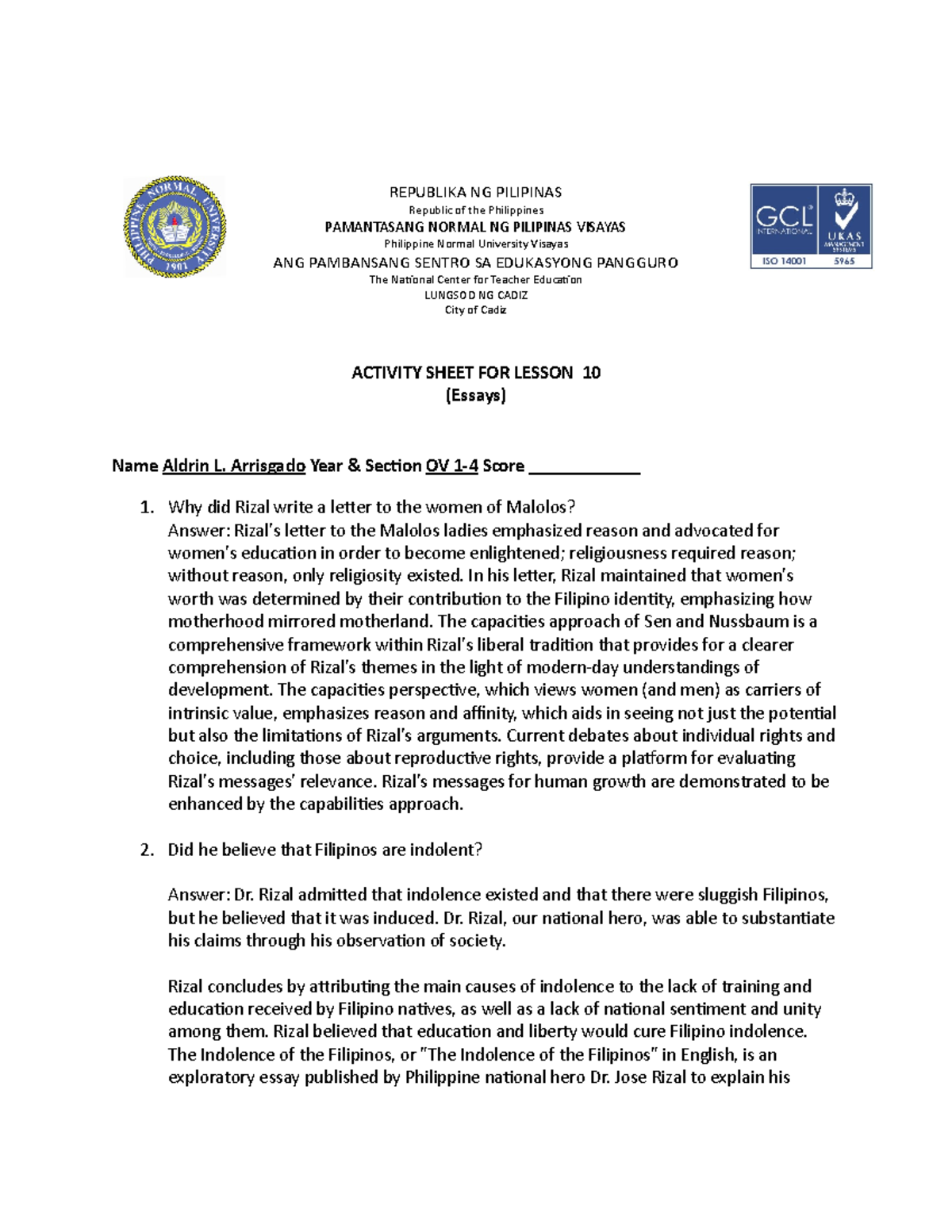 Jose Rizal’s Activity sheet for lesson 10 - REPUBLIKA NG PILIPINAS ...