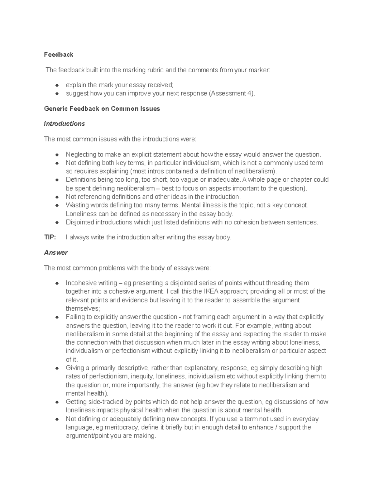 Feedback from hsbh essay - Feedback The feedback built into the marking ...