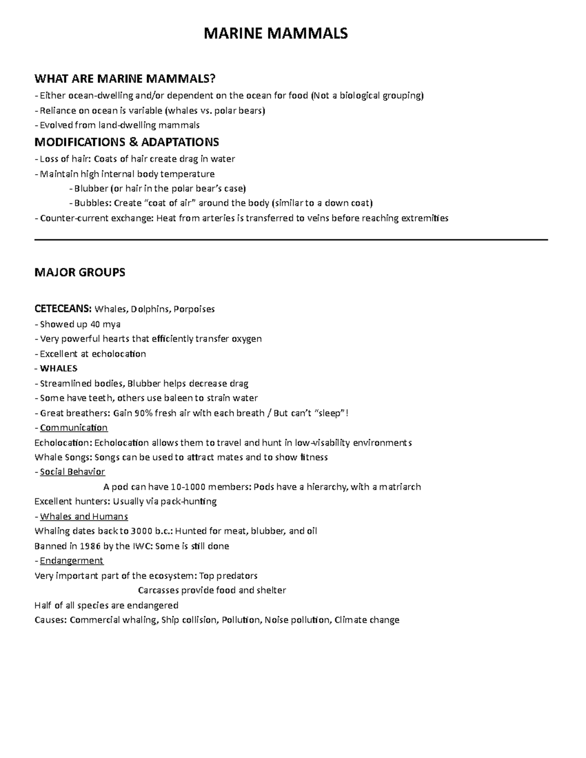 Marine Mammals - Lecture notes - MARINE MAMMALS WHAT ARE MARINE MAMMALS ...
