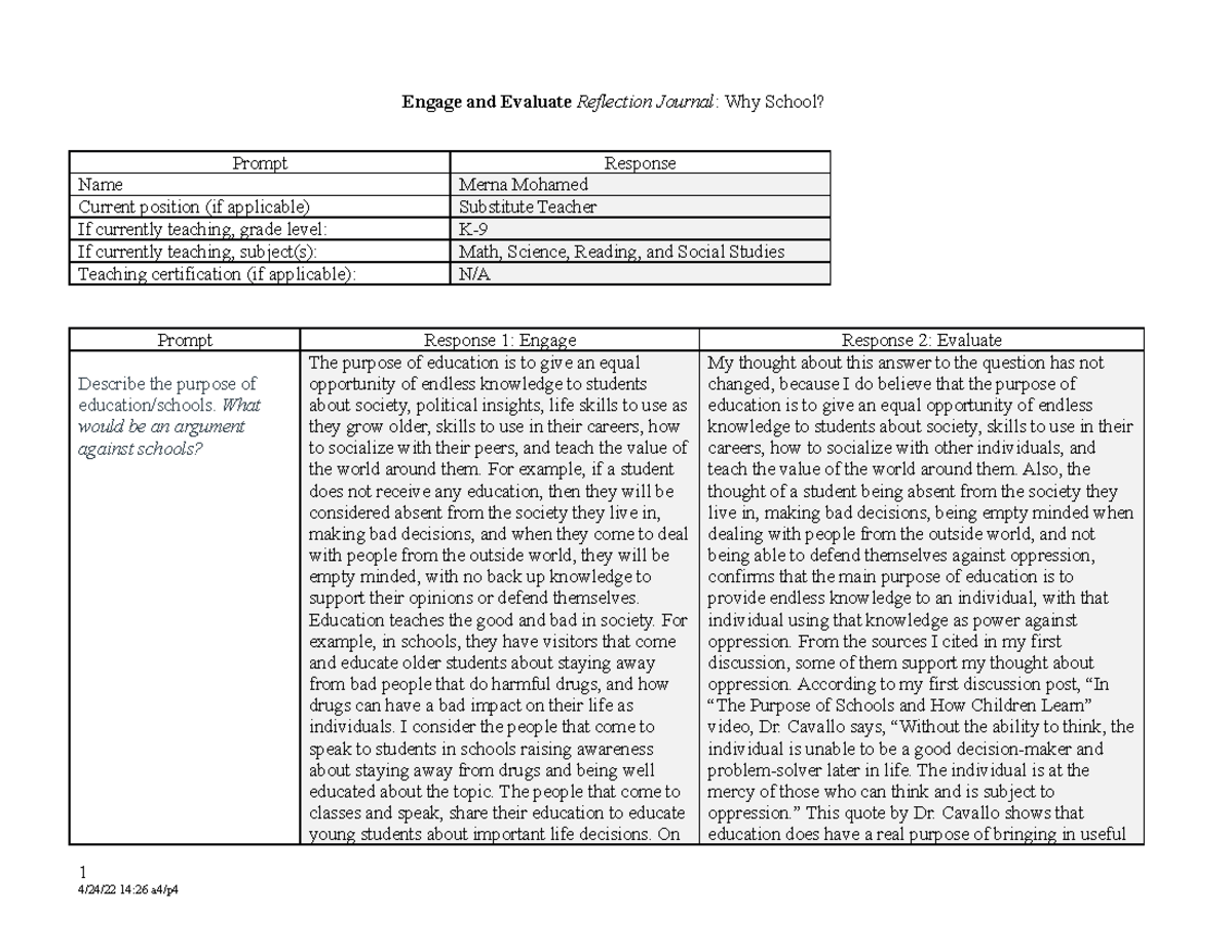 Engage and Evaluate Reflection Journal Why School- Mohamed - Engage and ...