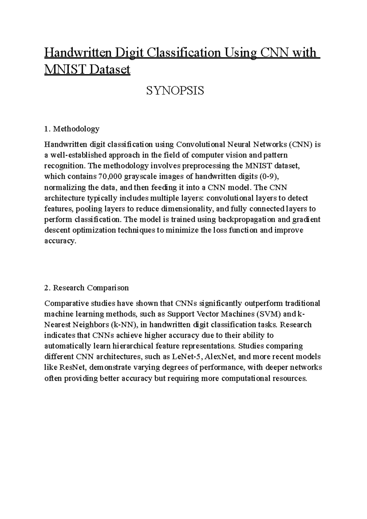 Handwritten Digit Classification Using Cnn With Mnist Dataset Synopsis