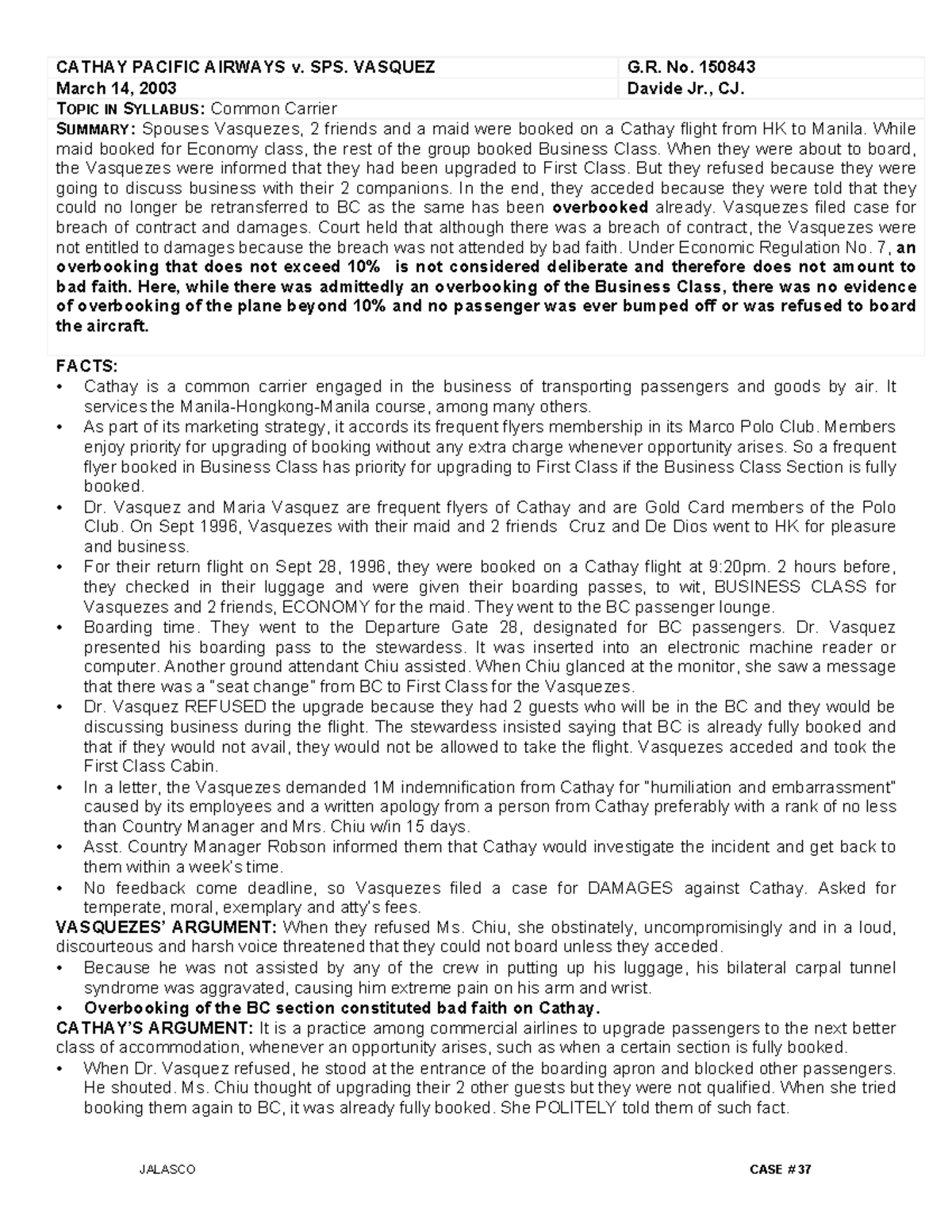 Pdfcoffee - aaa - JALASCO CASE # 37 CATHAY PACIFIC AIRWAYS v. SPS. VASQUEZ G. No. 150843 March ...