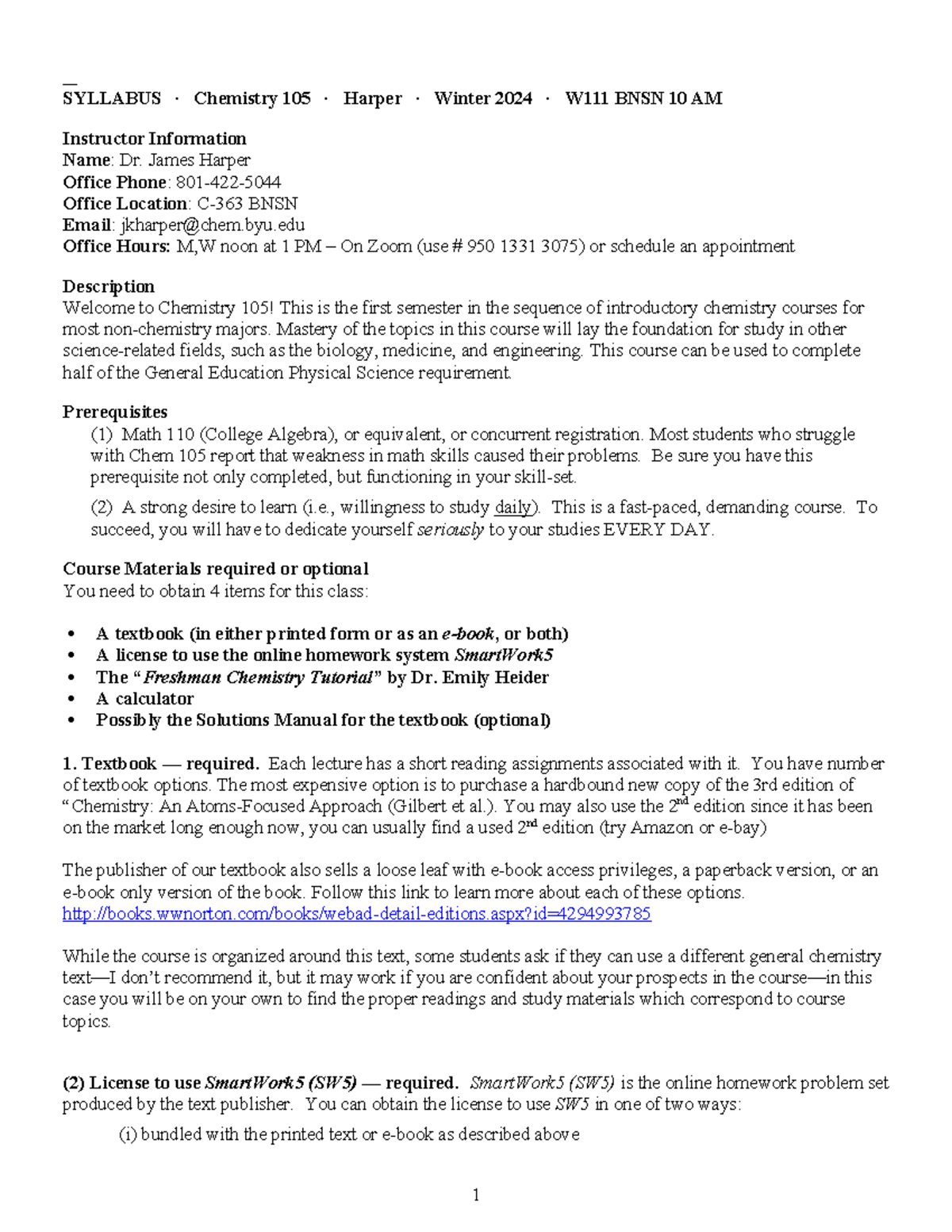 Syllabus 105 Winter 2024 - SYLLABUS · Chemistry 105 · Harper · Winter ...
