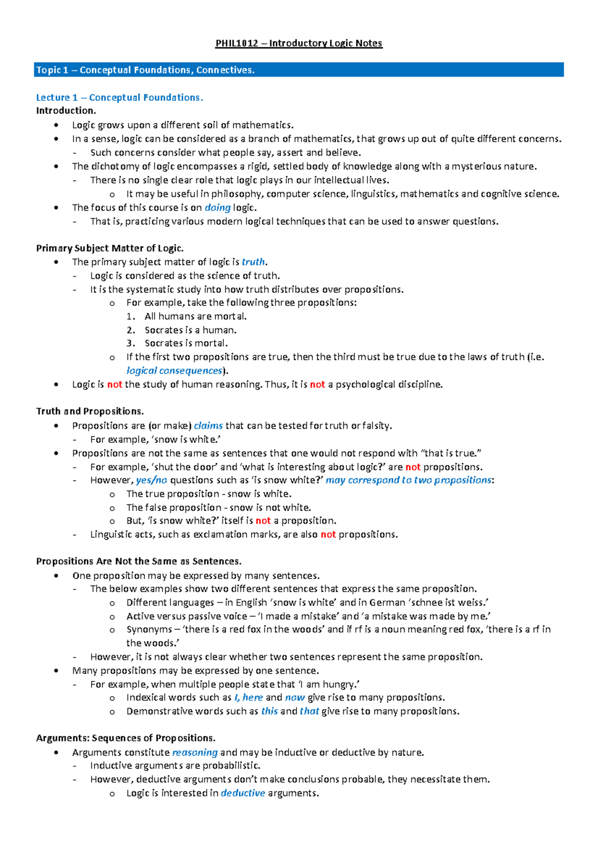 Phil1012 Lecture Notes For The First Two Weeks Phil1012 Introductory Logic Notes Topic 1 