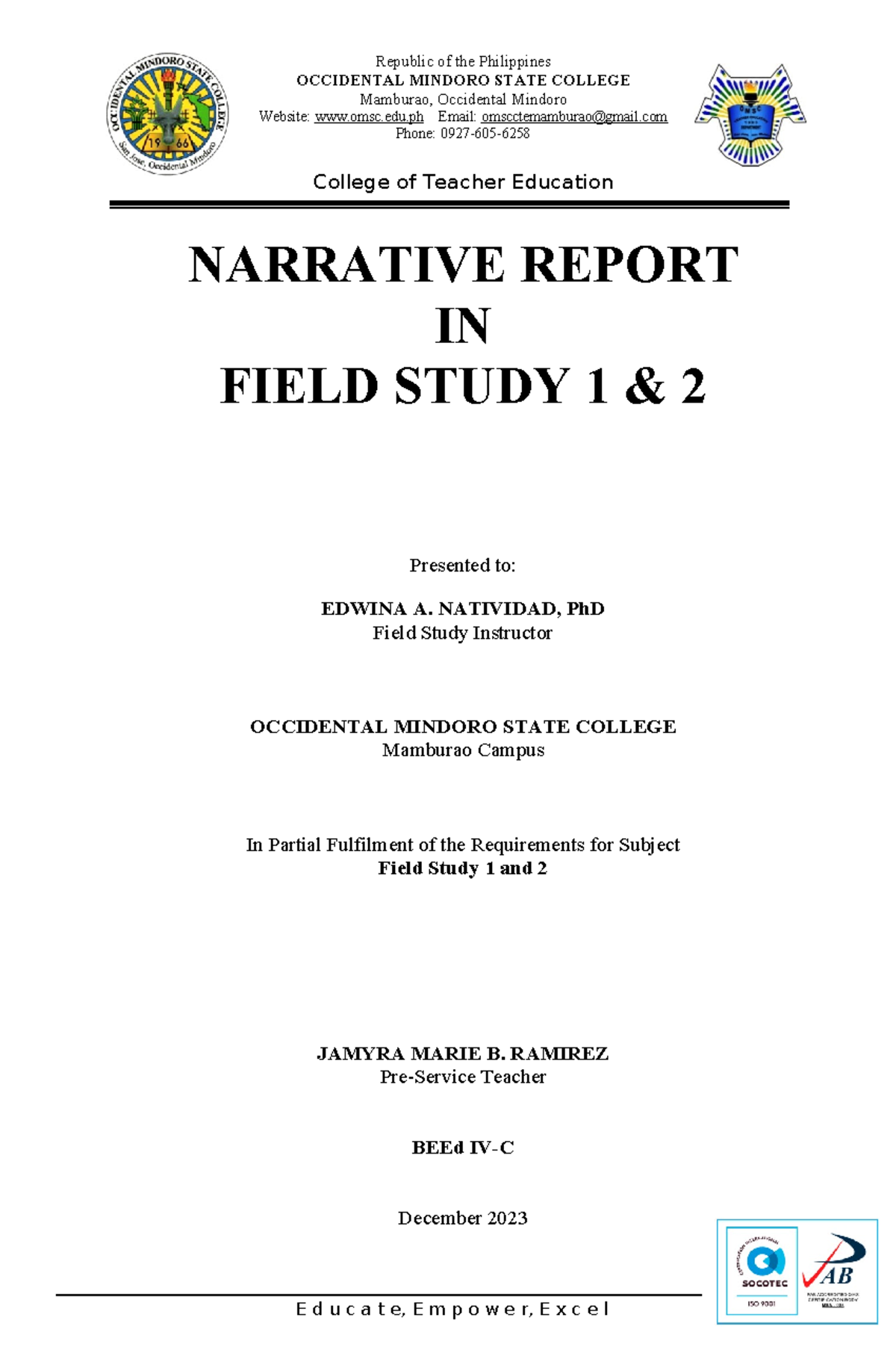 FS Narrative Report Format - OCCIDENTAL MINDORO STATE COLLEGE Mamburao ...