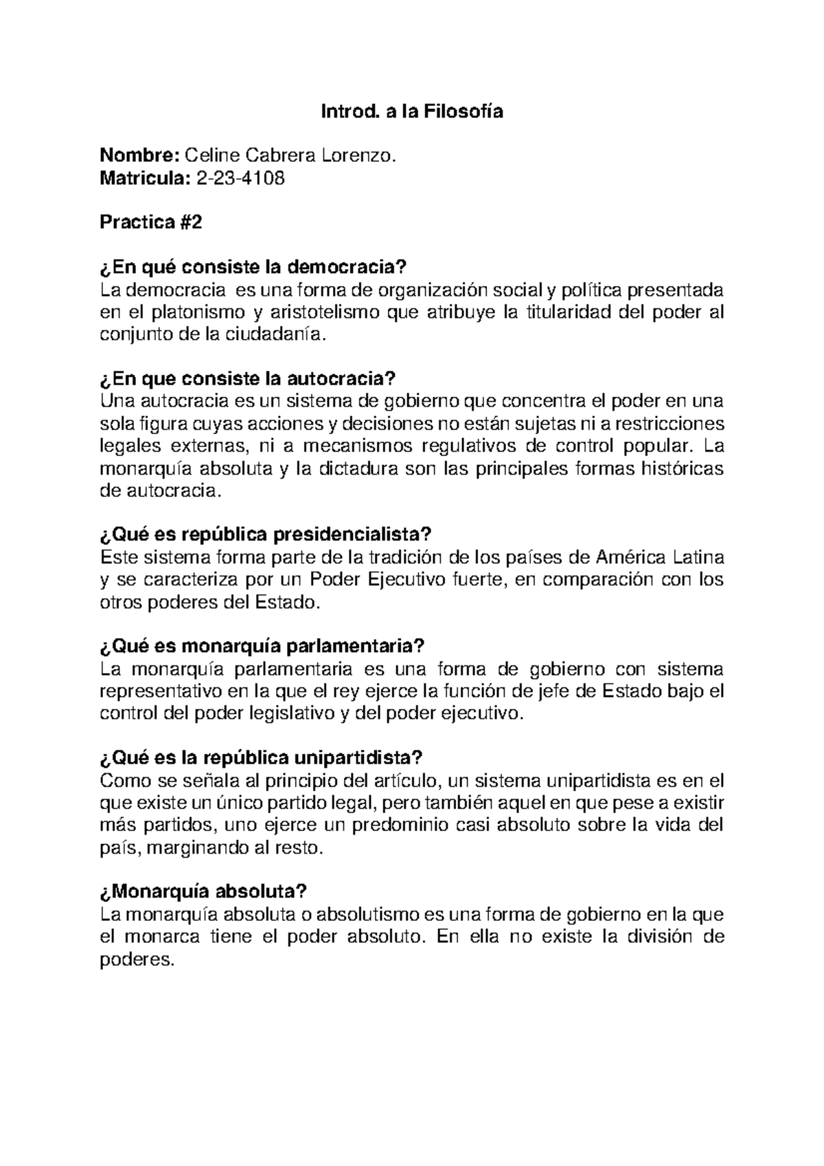 Pract. #2 Int. a la Filosofía - Introd. a la Filosofía Nombre: Celine ...