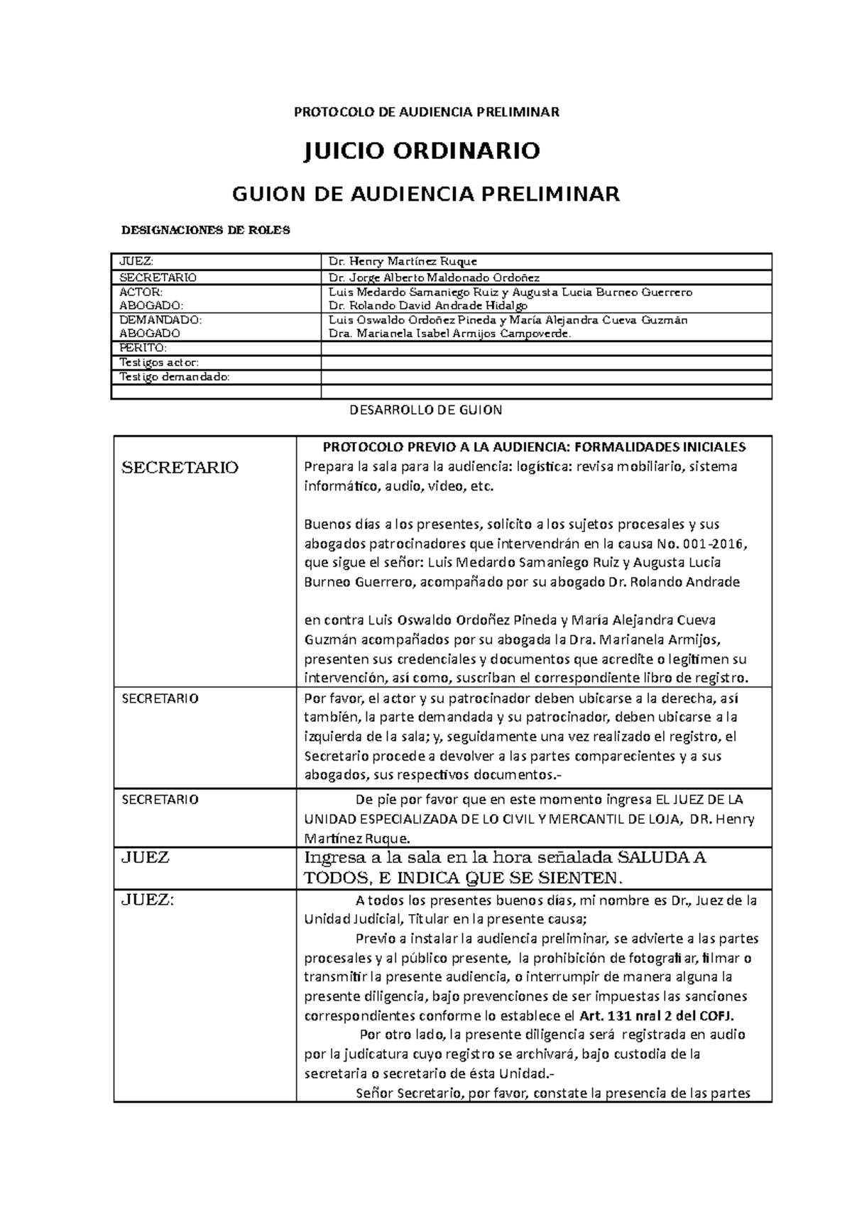 Ejemplo de Audiencia Preliminar Ordinario - PROTOCOLO DE AUDIENCIA PRELIMINAR JUICIO ORDINARIO ...