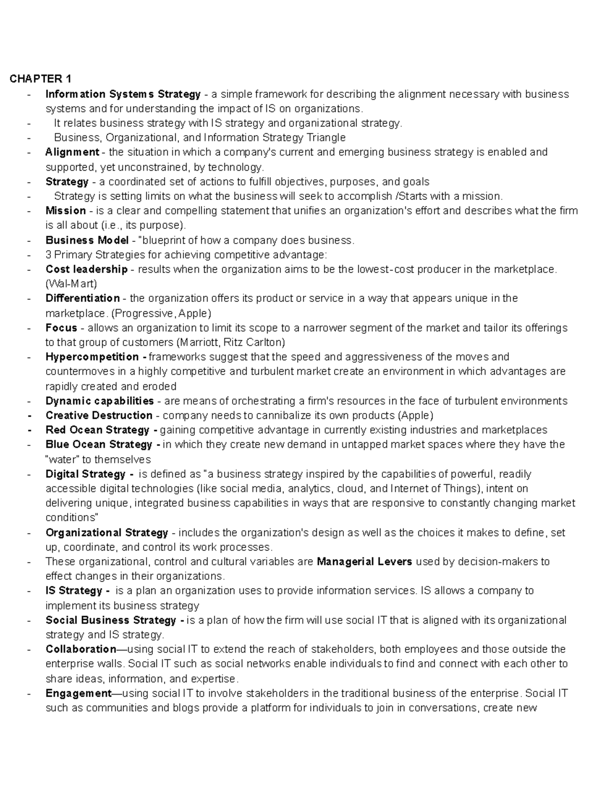 CIS 2200 - Chapter 1-3 Notes - CHAPTER 1 Information Systems Strategy ...