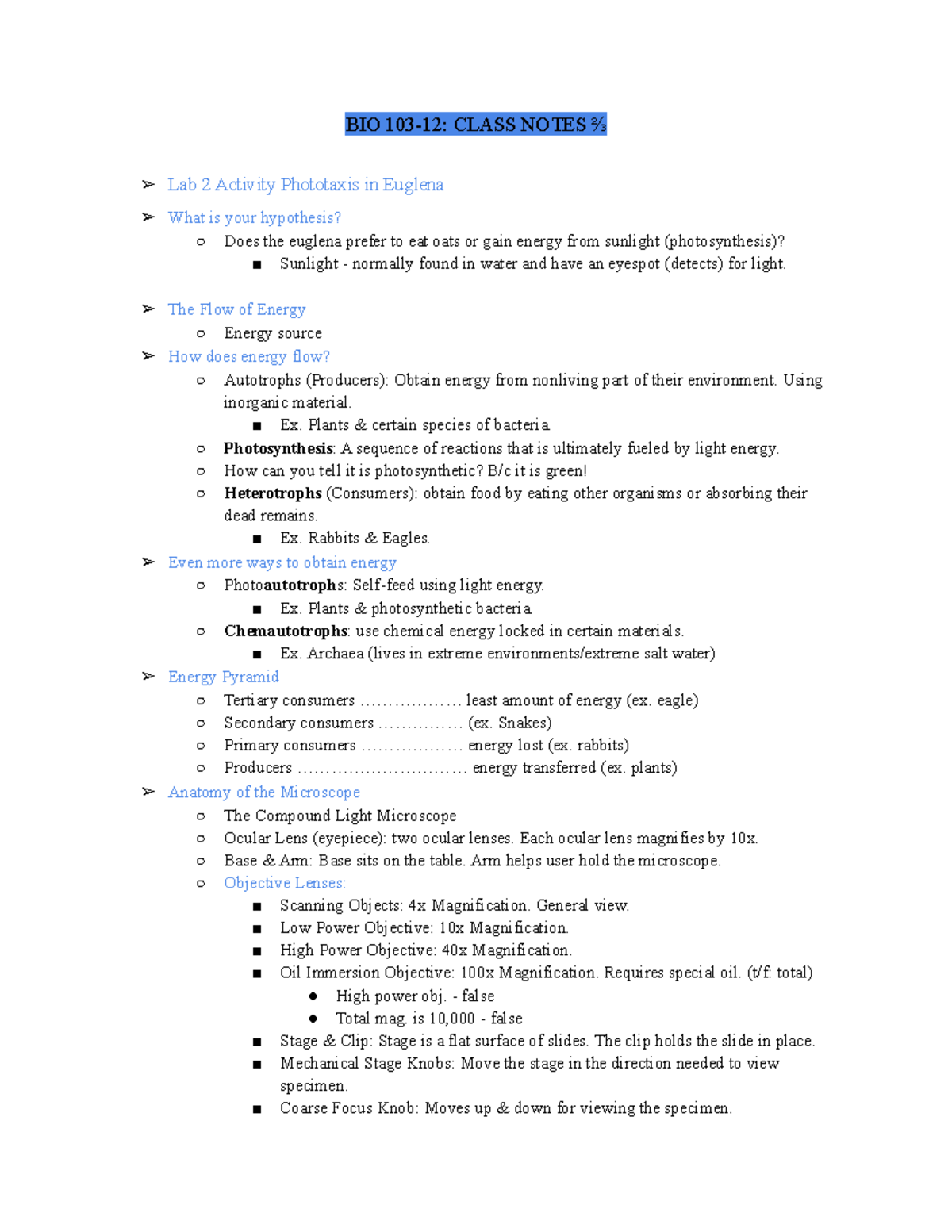 BIO 103 - Phototaxis in Euglena - BIO 103-12: CLASS NOTES ⅔ Lab 2 ...