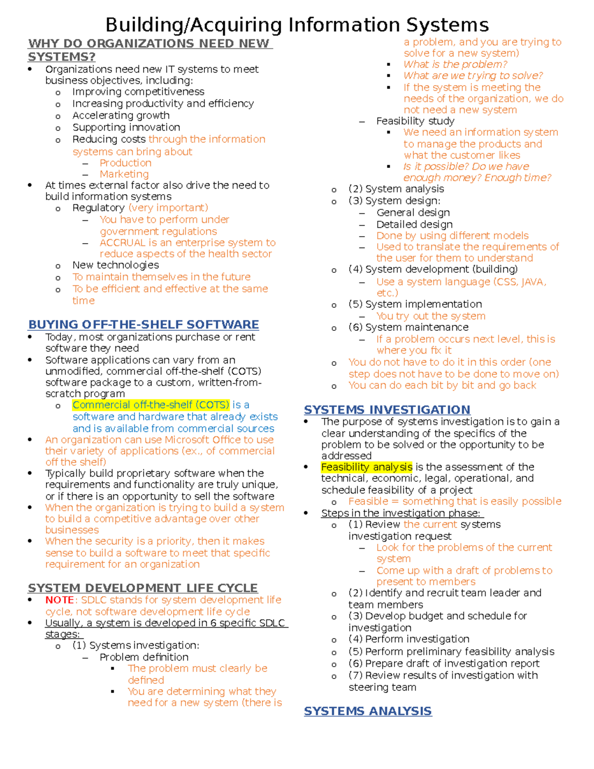 ACS 1803 - Lecture 12 - Building/Acquiring Information Systems WHY DO ...