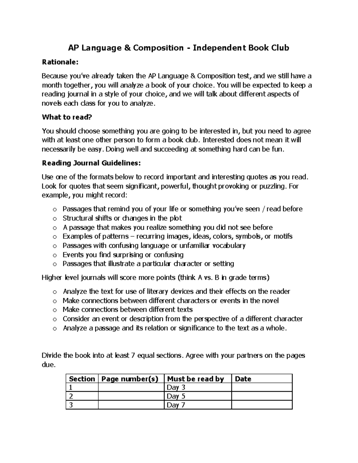 Book Club Assignment Sheet 24 - AP Language & Composition - Independent ...