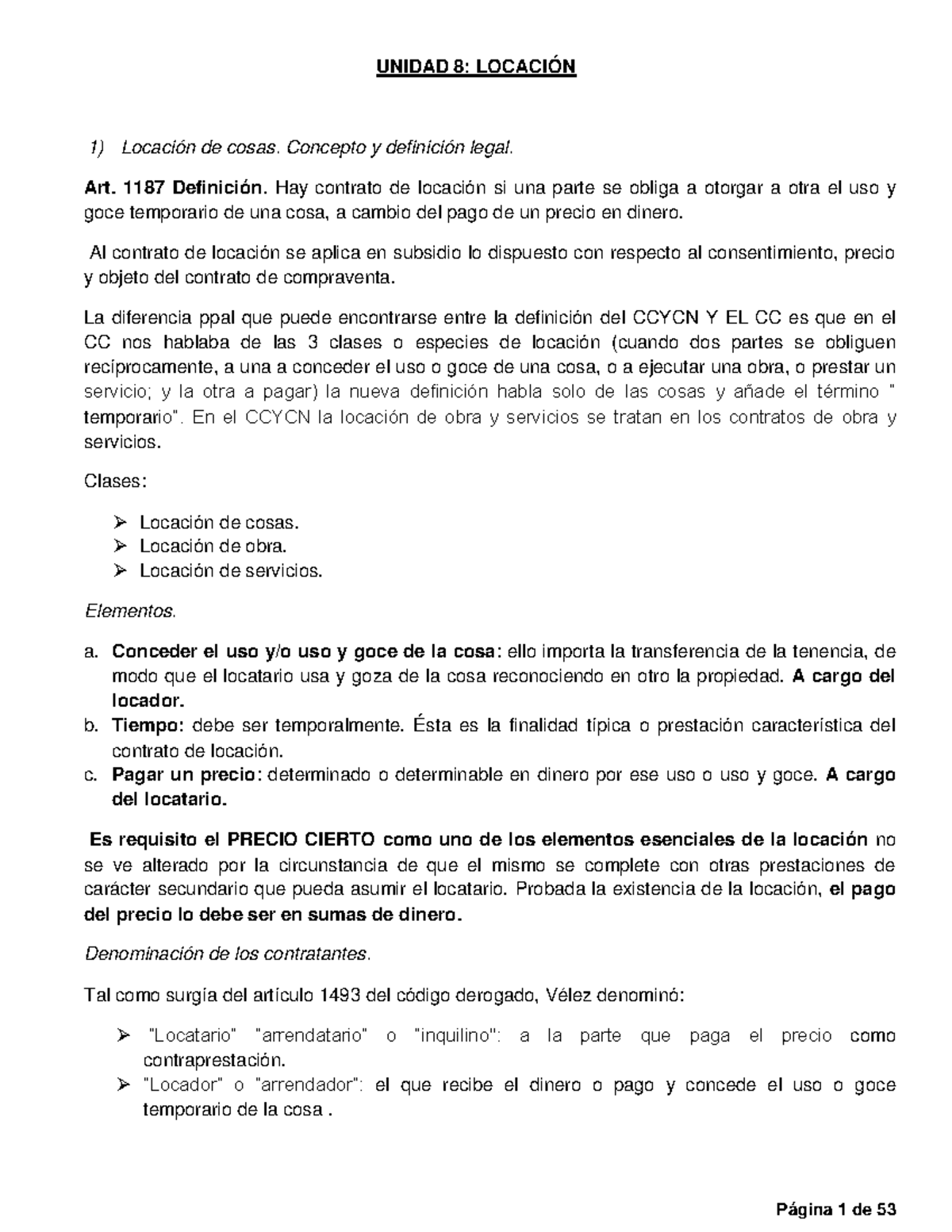 Unidad 8 - Contrato de Locación - UNIDAD 8: LOCACIÓN Locación de cosas ...