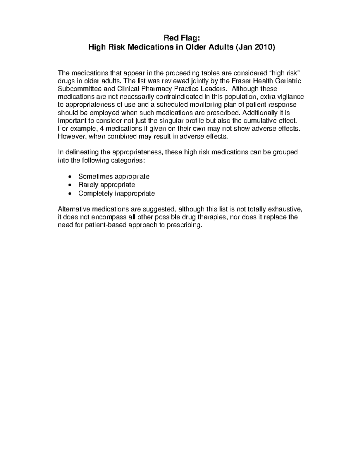 High Risk Medications in Older Adults 201 0 - Red Flag: High Risk ...