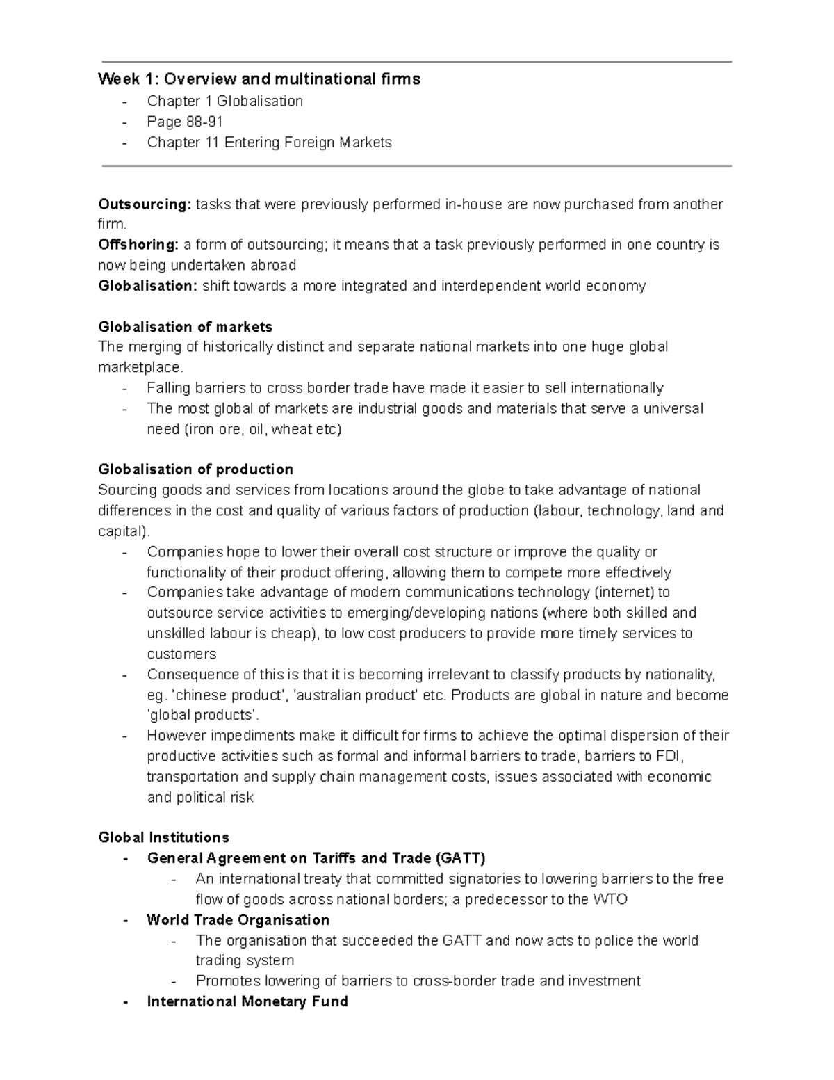 wk1textbooknotes - Week 1: Overview and multinational firms Chapter 1 ...