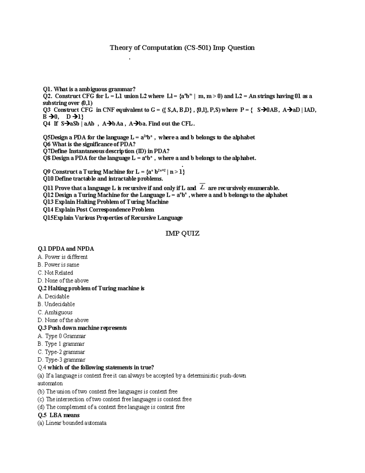IMP TOC Question - Theory of Computation (CS-501) Imp Question . Q1 ...