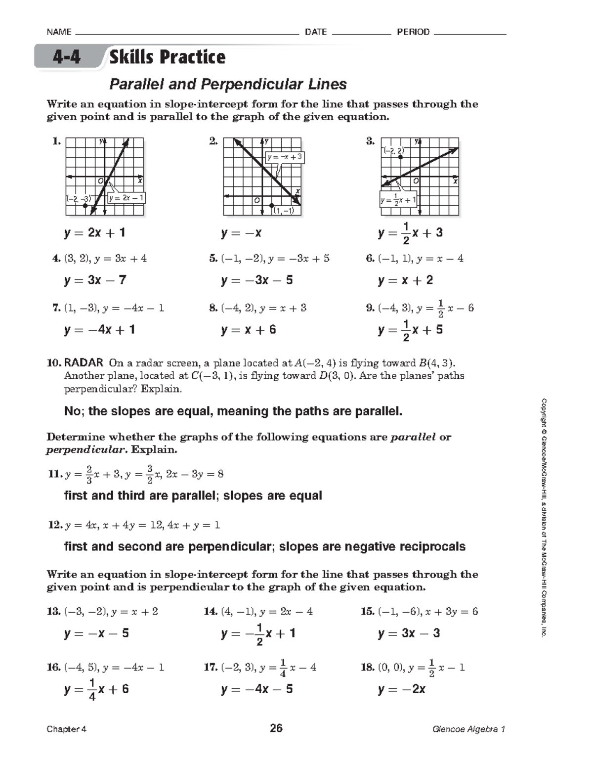 4.4 Parallell & Perpendicular Practice Answers - Copyright © Glencoe ...