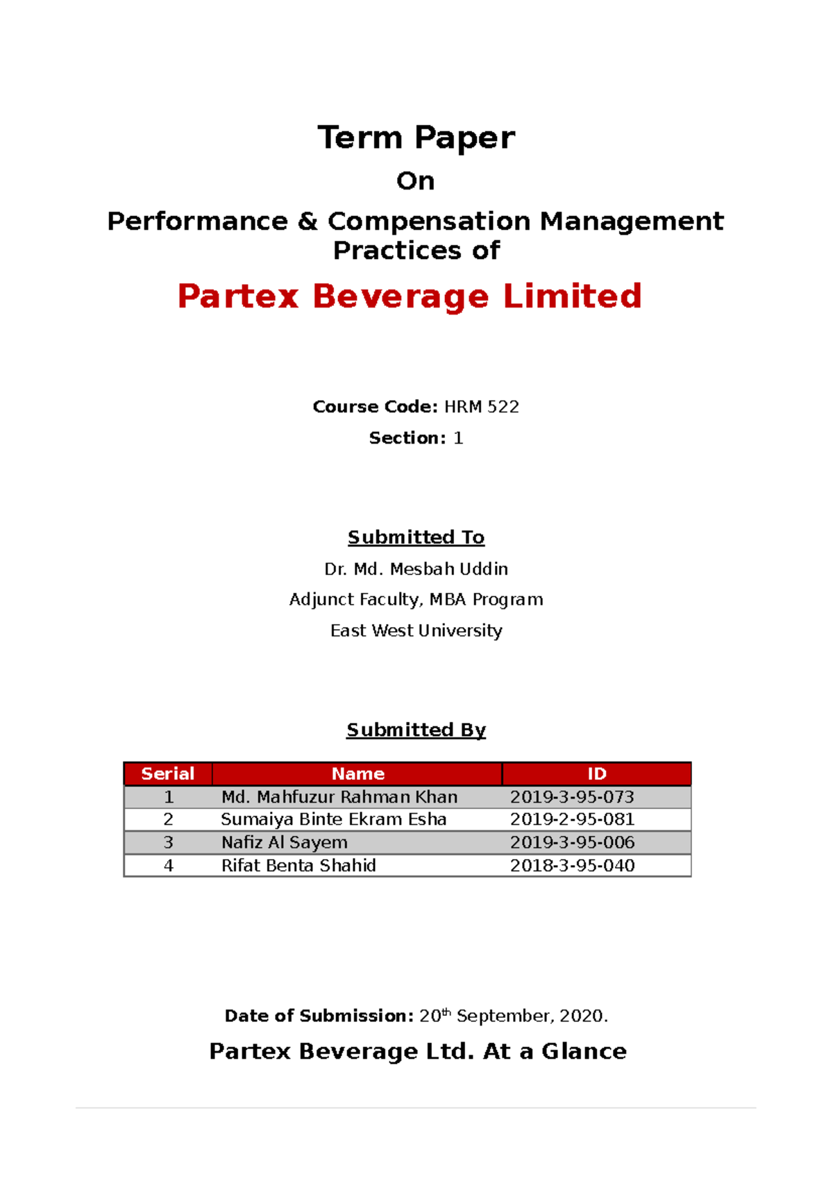 HRM522 Partex Beverage Ltd - Term Paper On Performance & Compensation ...