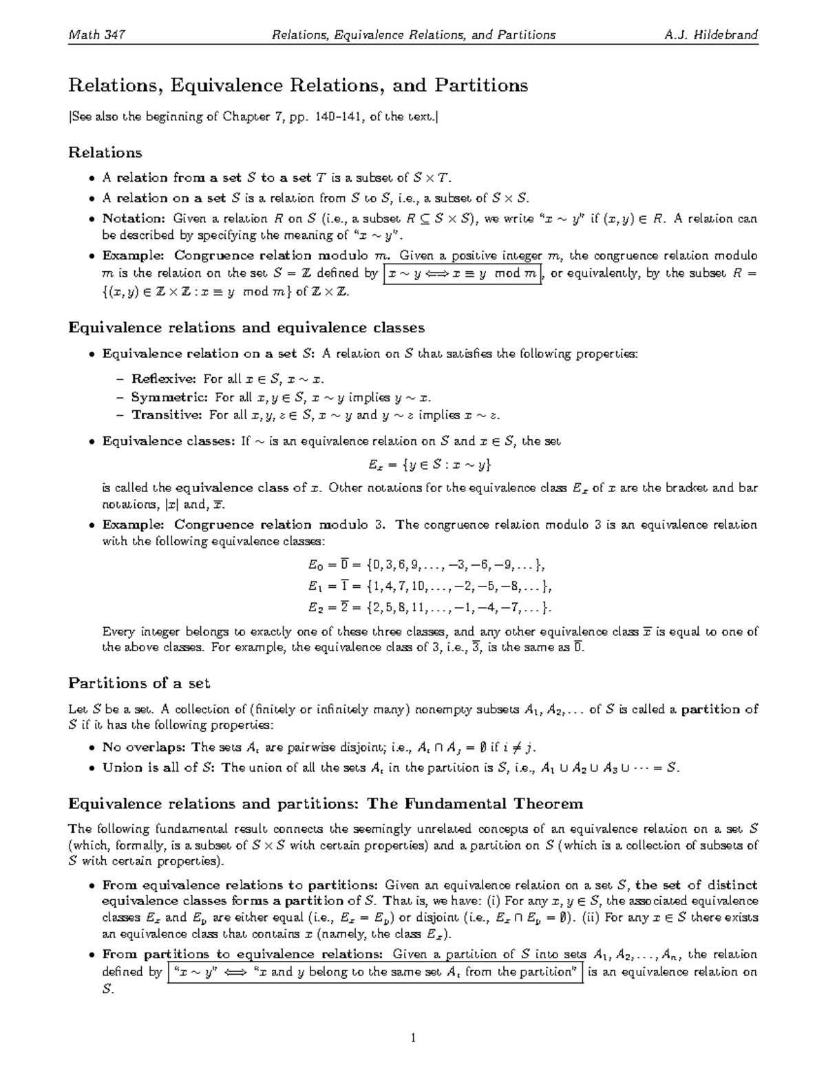 Relations - relation - Math 347 Relations, Equivalence Relations, and Partitions A. Hildebrand ...