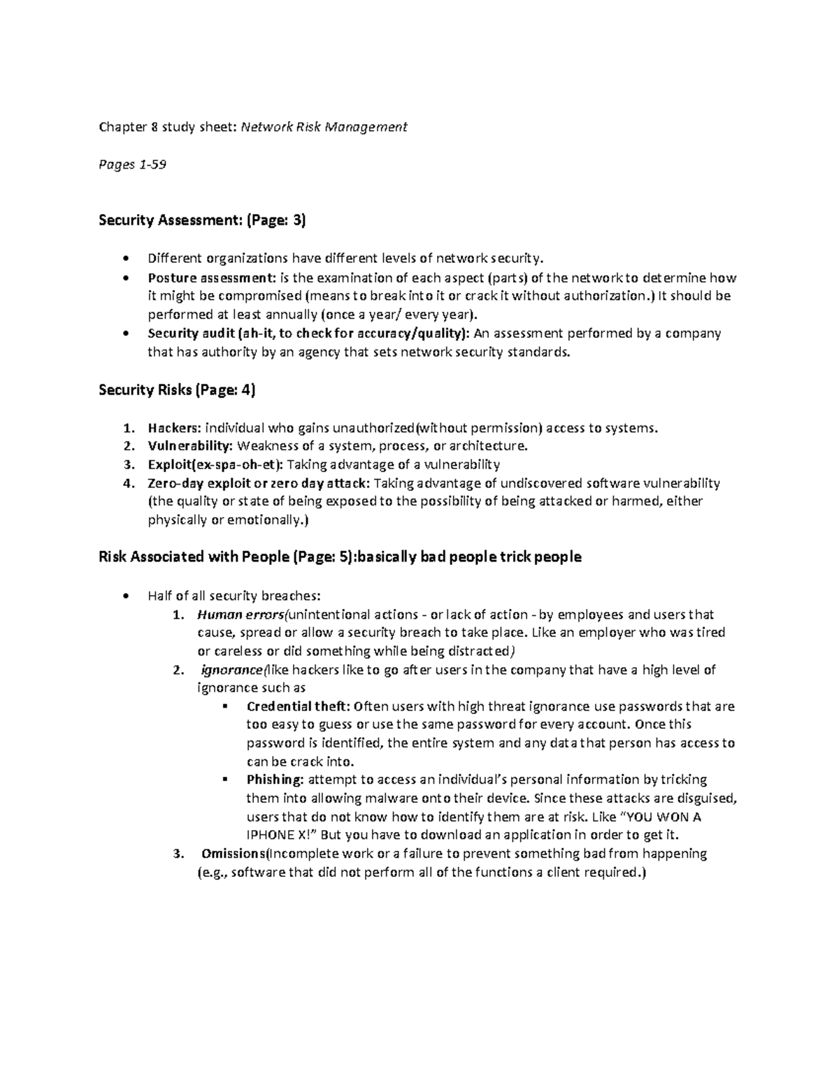 CST 2307 Study Sheet CH8 - Tena - Chapter 8 study sheet: Network Risk ...