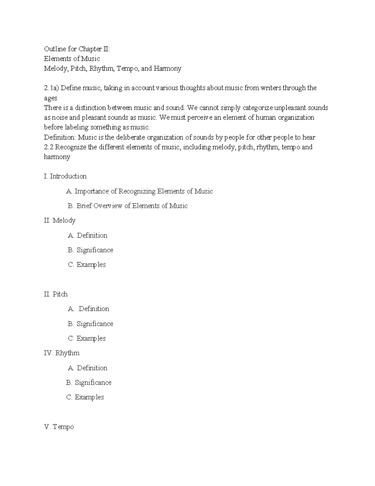 Chapter 2 MUS - Outline for Chapter II: Elements of Music Melody, Pitch ...