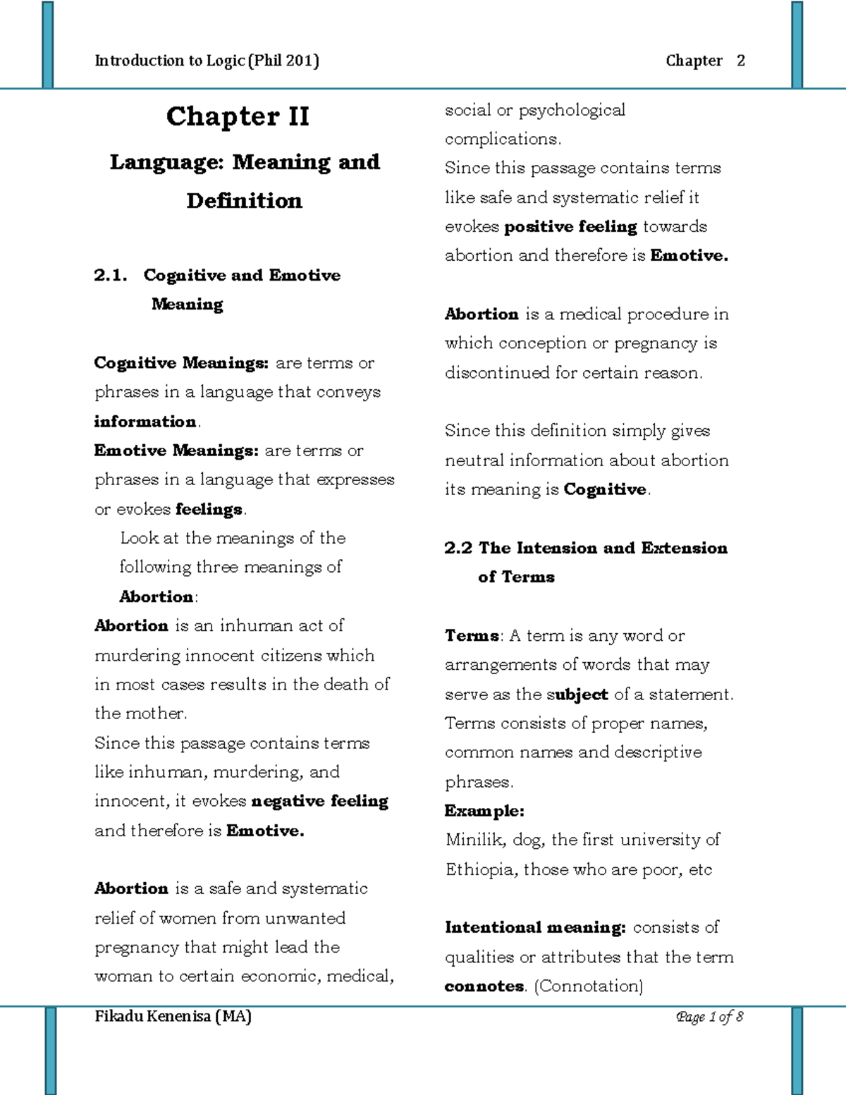 Logic chapter 3 - Lecture notes 3 - Chapter II Language: Meaning and ...